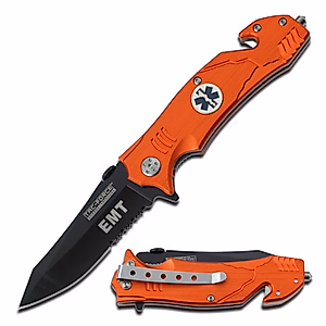 TAC Force TF-515OE Assisted Opening Folding Knife, Black Half-Serrated Blade, Orange Aluminum Handle with EMT Medallion, 4-1/2-Inch Closed