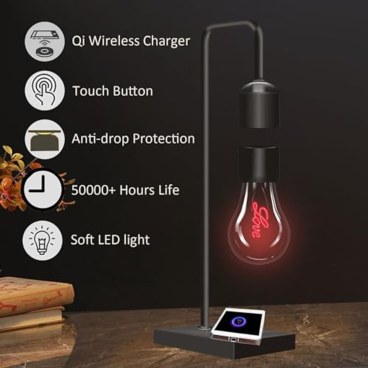 Floatidea Magnetic Levitating Lamp with Phone Wireless Charger Levitation Floating Light Bulb Novelty Love Lamp for Valentine's Day Birthday Anniversary Romantic Christmas Gift Decoration