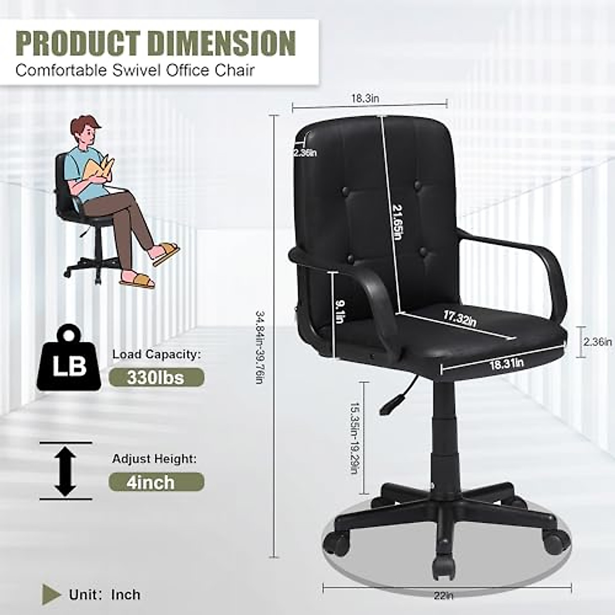 VECELO Executive Office Adjustable Height Casual Desk Chair with Armrests PU Leather Mid-Back 360 Degree Swivel with Wheels, Suit for Study, Work, Makeup, Leisure, Black, Set of 1