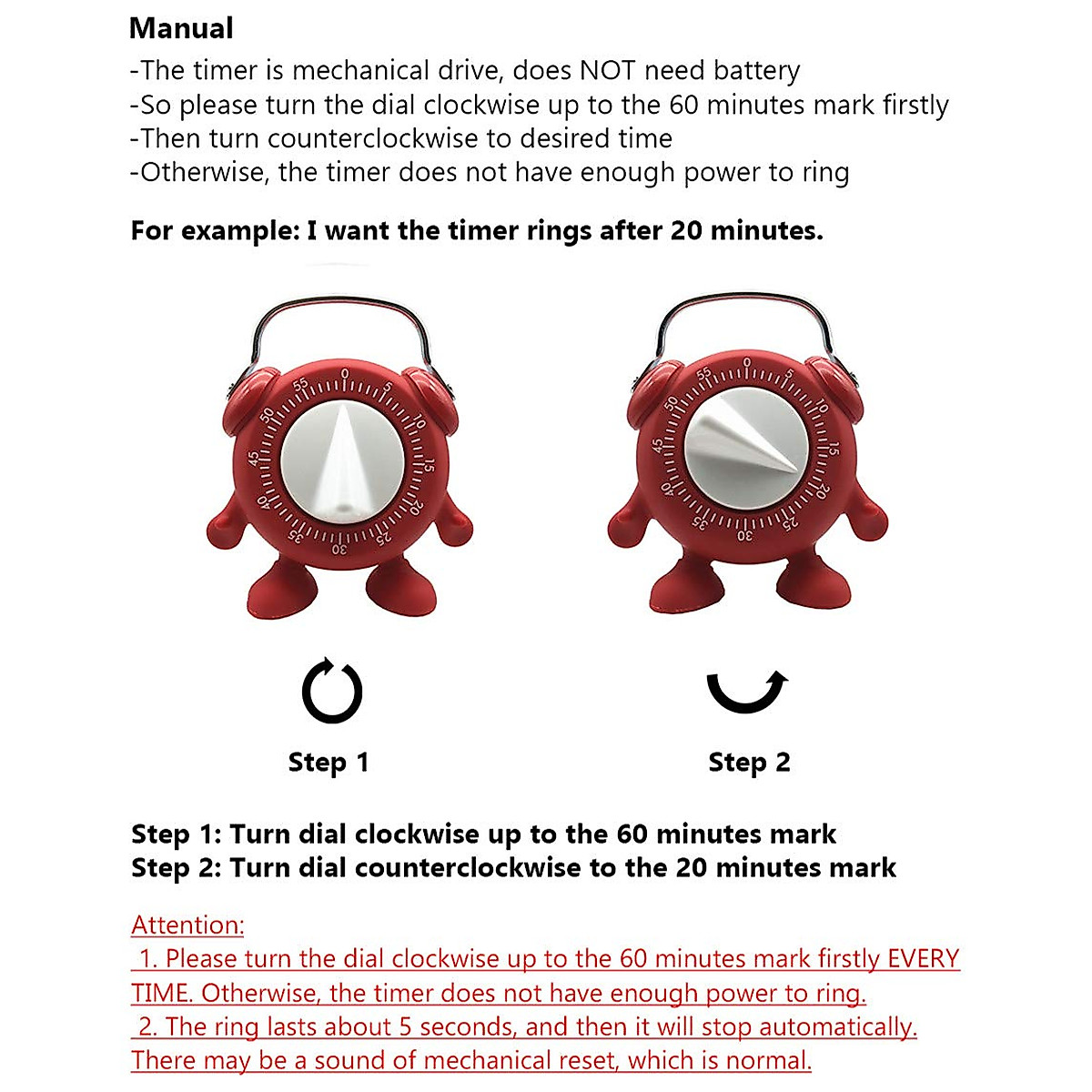 Keleely Kitchen Timer, for Baking Teaching Cooking Egg Potty Training Cute 60 Mins Twist Wind-Up Timer with Ring Alert, No Battery (Red)