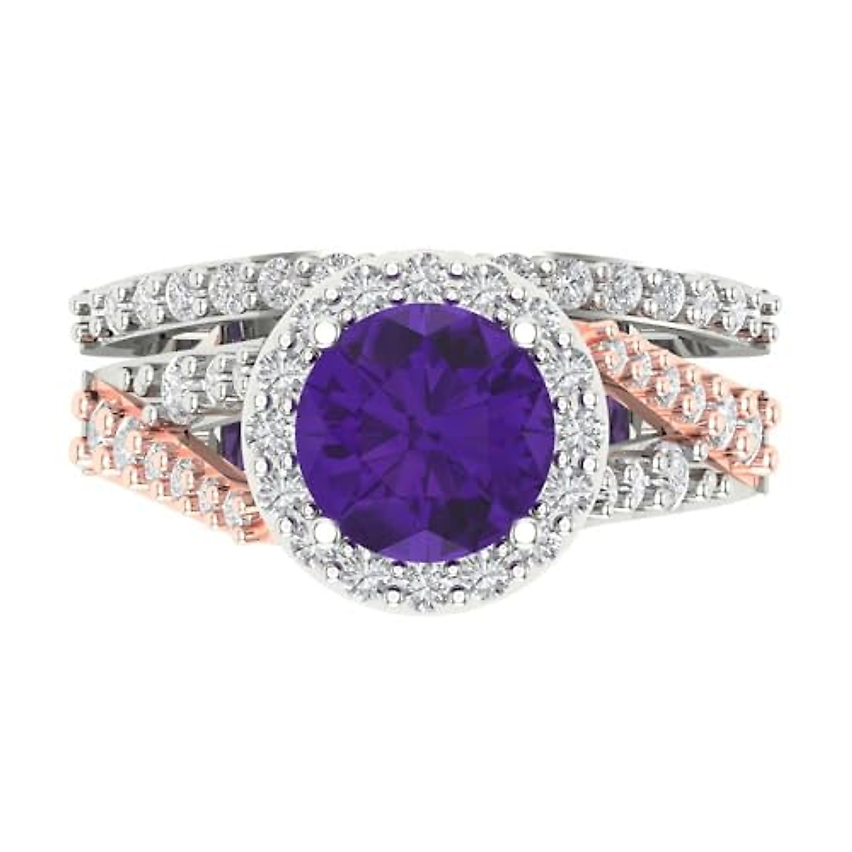 Clara Pucci 2ct Round Cut Laser Engraving Halo Split Shank Natural Amethyst Designer Statement Ring Band Set 18K 2 tone Gold Size 10.75