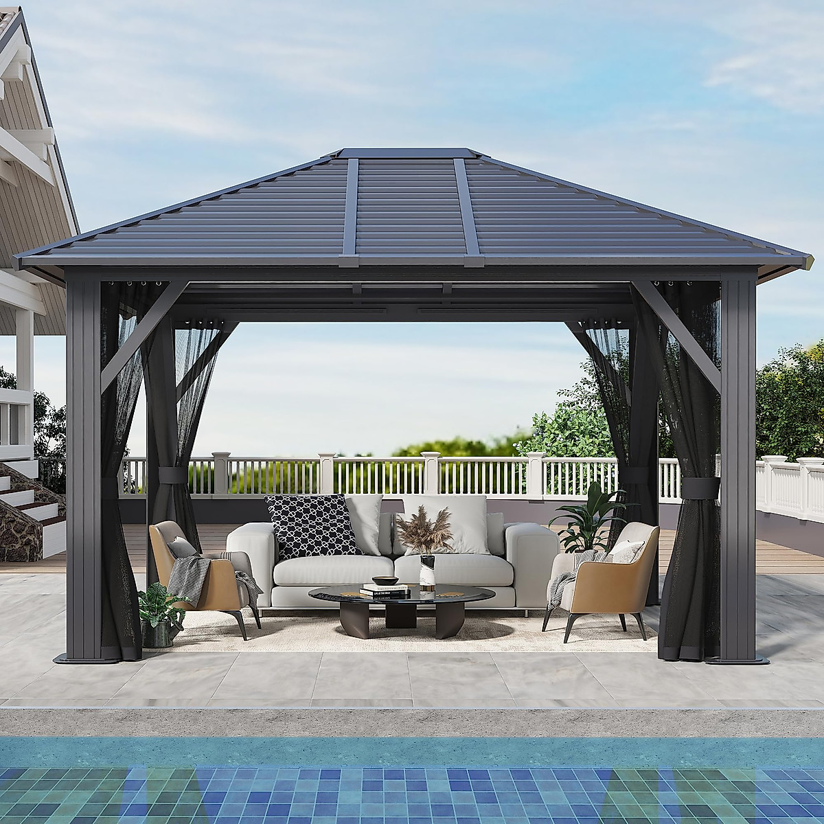 GARTOO 10' x 12' Patio Hardtop Gazebo - Outdoor Metal Hard Top with Breathable Mesh, Galvanized Steel Top Gazebo for Garden, Lawn, Outdoor Party (Black)