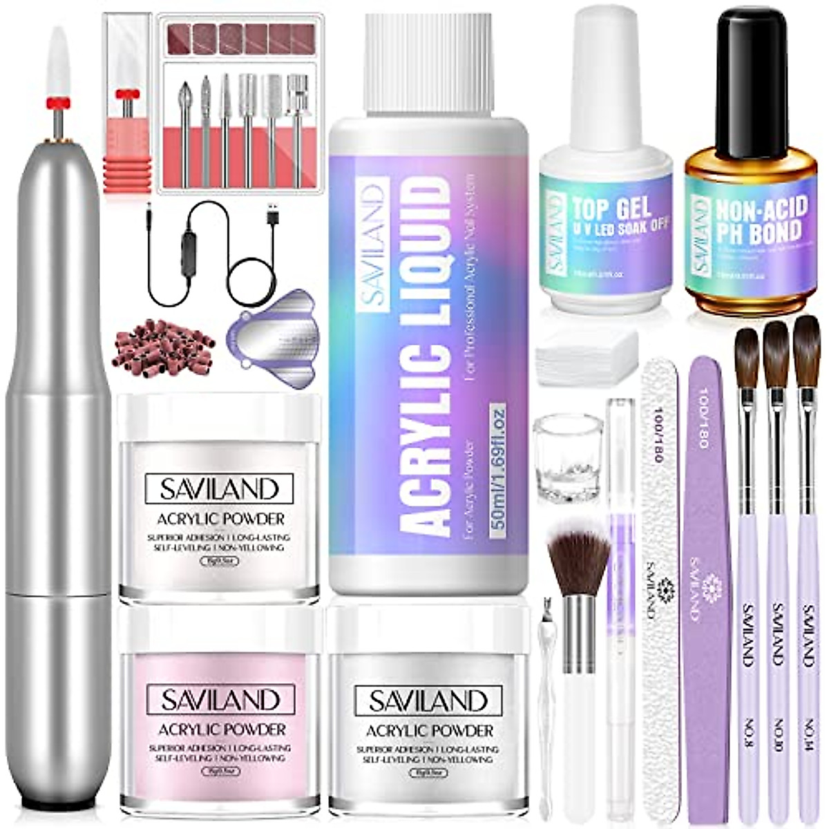 Saviland Acrylic Nail Kit with Drill - Clear White Pink Acrylic Powder and Liquid Set Acrylic Nail Brush Nail Drill Kit PH Bond Top Gel Acrylic Nail Tools for Beginners DIY Acrylic Nail Extension