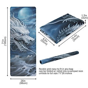 GOODOLD Beautiful White Dragon Yoga Mat, 71 x 26 Inch Non-slip Yoga Mats Folding Travel Exercise Mat Indoor Outdoor Gym Pilates with Storage Bag for Women Men