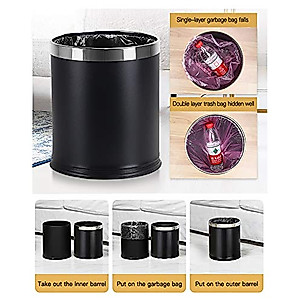 10Liter/2.64 Gallon Metal Trash Can with Faux Leather,Double-Layer Dustbin Without Cover Garbage Bin for for Bathroom Office Bedroom Living Room Kitchen (Gold Circle, Black)