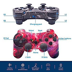 TUOZHE Wireless Controller for PS3, 2 Pack Controller for Play 3, 6-Axis with High-Performance Double Shock, Motion Control, USB Charging Cable(Blue Flash and Purple Sky)