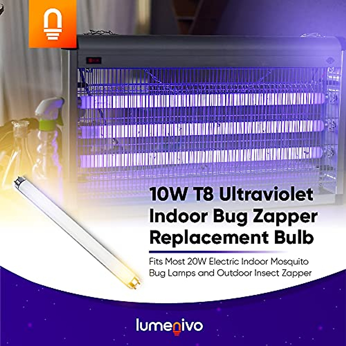 lumenivo F10T8/BL Bug Zapper Light Bulbs 10 Watt T8 Ultraviolet Indoor Zapper Replacement Bulbs - T8F10W Light Zapper Bug Light Bulbs – Fits Most Electronic 20W Bug Mosquito Zappers - 2 Bulbs