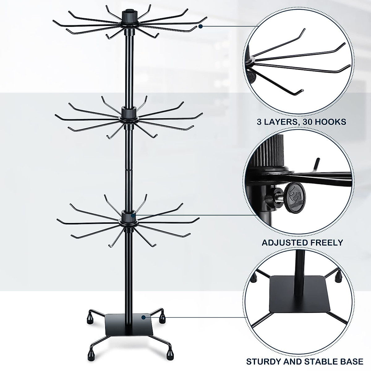 BBTO 2 Pcs Rotating Display Stand Jewelry Display Rack with Hooks Metal Earrings Stand for Vendors Necklace Bracelet Selling(Black,28.35 x 11.81 Inch)