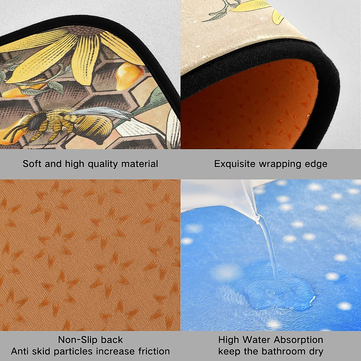 ALAZA Honey Bee Flower Vintage 2 Piece Kitchen Rug Floor Mat Set Runner Rugs Non-Slip for Kitchen Laundry Office 20" x 28" + 20" x 48"