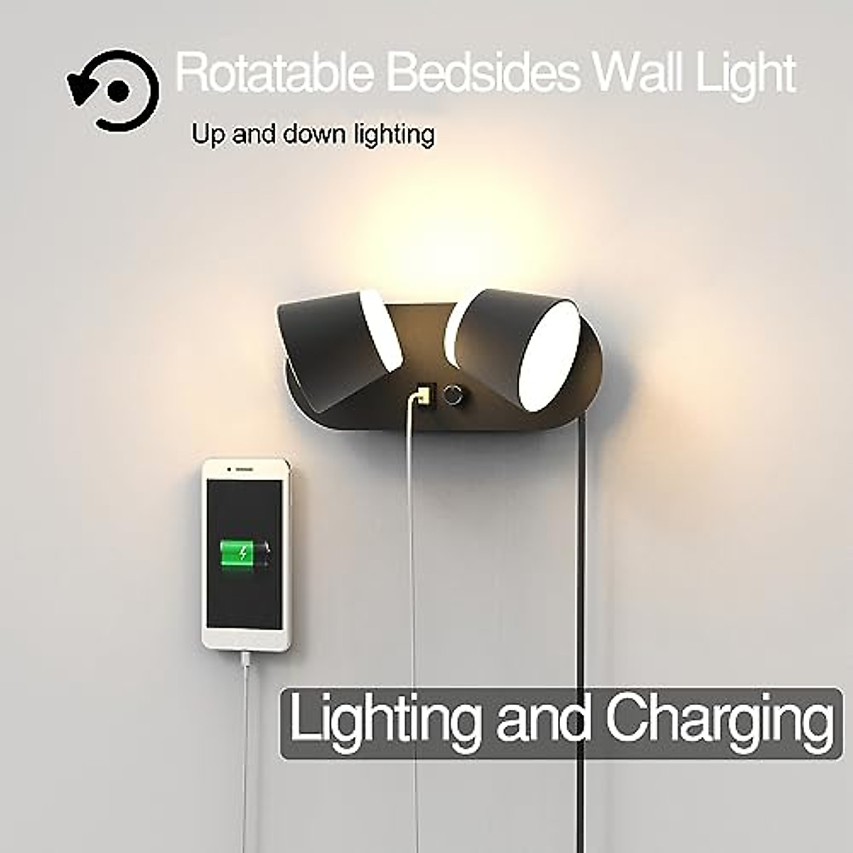 Sytmhoe Modern Black Double Head Dimmable LED Wall Sconce, Bedroom Wall Light with USB, Plug-in Installation, 12W, 10.24x3.94x5.12in