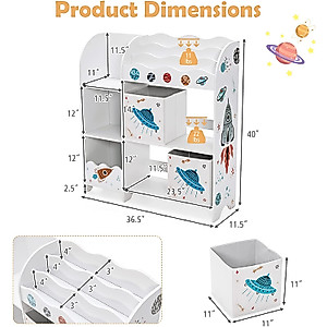 HONEY JOY Kids Toy Storage Organizer, Wooden Storage Unit with 2 Storage Boxes, Toddler Storage Display Bookshelf Daycare Furniture for Playroom, Children’s Room, Living Room(Planet)