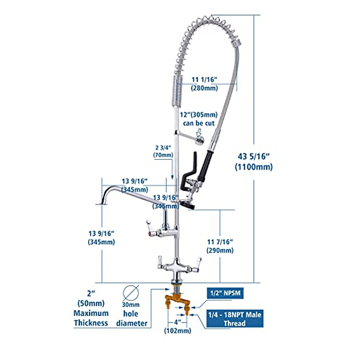 Maxsen Deck Mount Commercial Kitchen Sink Faucet 43" Height Pre rinse With 12" Add-On Spout For Food Service Commercial Kitchens Restaurant Hotel Application Tap
