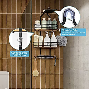Fogein Shower Caddy Over Shower Head, Hanging Shower Caddy, Shower Basket with Suction Cup, Bathroom Shower Caddy Over The Door with Bamboo Board Hook & Soap Box, No Drilling(3 Tier, Black)