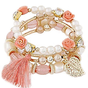 yunanwa 5 PACK Multilayer Bohemian Beaded Bangle Bracelet Crystal Charm Stretch Beach Stack-able Multi-color Boho Bracelets Jewelry Set