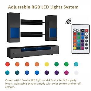 NCKMYB Wall Unit Entertainment Set, TV Stand and Wall Mounted Cabinet, High Gloss Wall Mounted Entertainment Set with 16-Color LED Light Strips, for 90+ inch TV, Black