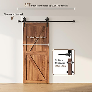 WINSOON 5-16FT Single Wood Sliding Barn Door Hardware Kit 5FT Basic Black Big Spoke Wheel Roller Garage Closet Carbon Steel Flat Track System (5FT)