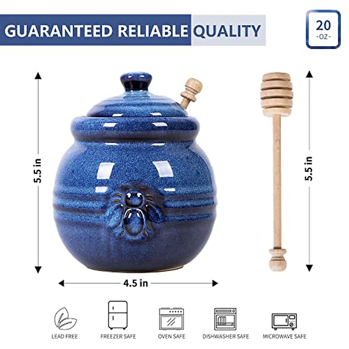 Cutiset Ceramic Honey Pot with Lid and Dipper, 20oz rustic Honey Jar (Blue)