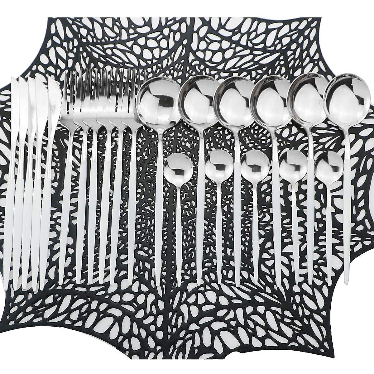 Uniturcky Mirror Silverware Set,24-Piece 304 Stainless Steel Shiny Flatware Set,Kitchen Utensil Set,Tableware Cutlery Set for Home and Restaurant, Dishwasher Safe Service For 6 (White Handle Silver)