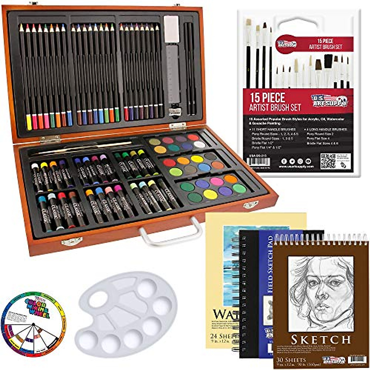 U.S. Art Supply 102-Piece Deluxe Art Creativity Set with Wooden Case - Artist Painting, Sketching and Drawing Set, 24 Watercolor Paint Colors, 17 Brushes, 24 Colored Pencils, Sketch & Painting Pads