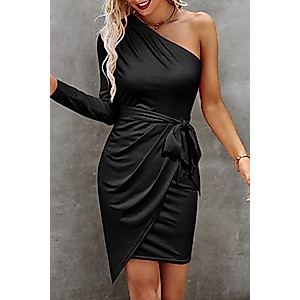 PRETTYGARDEN Women's Fall Fashion One Shoulder Long Sleeve Bodycon Dresses Ruched Irregular Hem Mini Dress (Long Sleeve Black,Large)