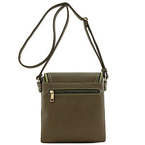 Flap Top Double Compartment Crossbody Bag with Tassel Accent (Stone)