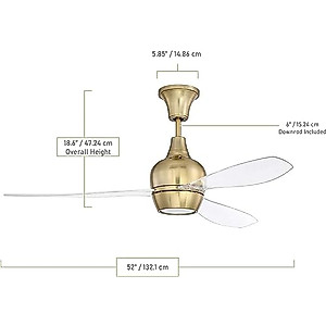 Craftmade BRD52SB3 Bordeaux Downrod/Semi-Flush Mount Heavy-Duty 52" Ceiling Fan with LED Light and Wall Control, 3 Clear Acrylic Blades, Satin Brass