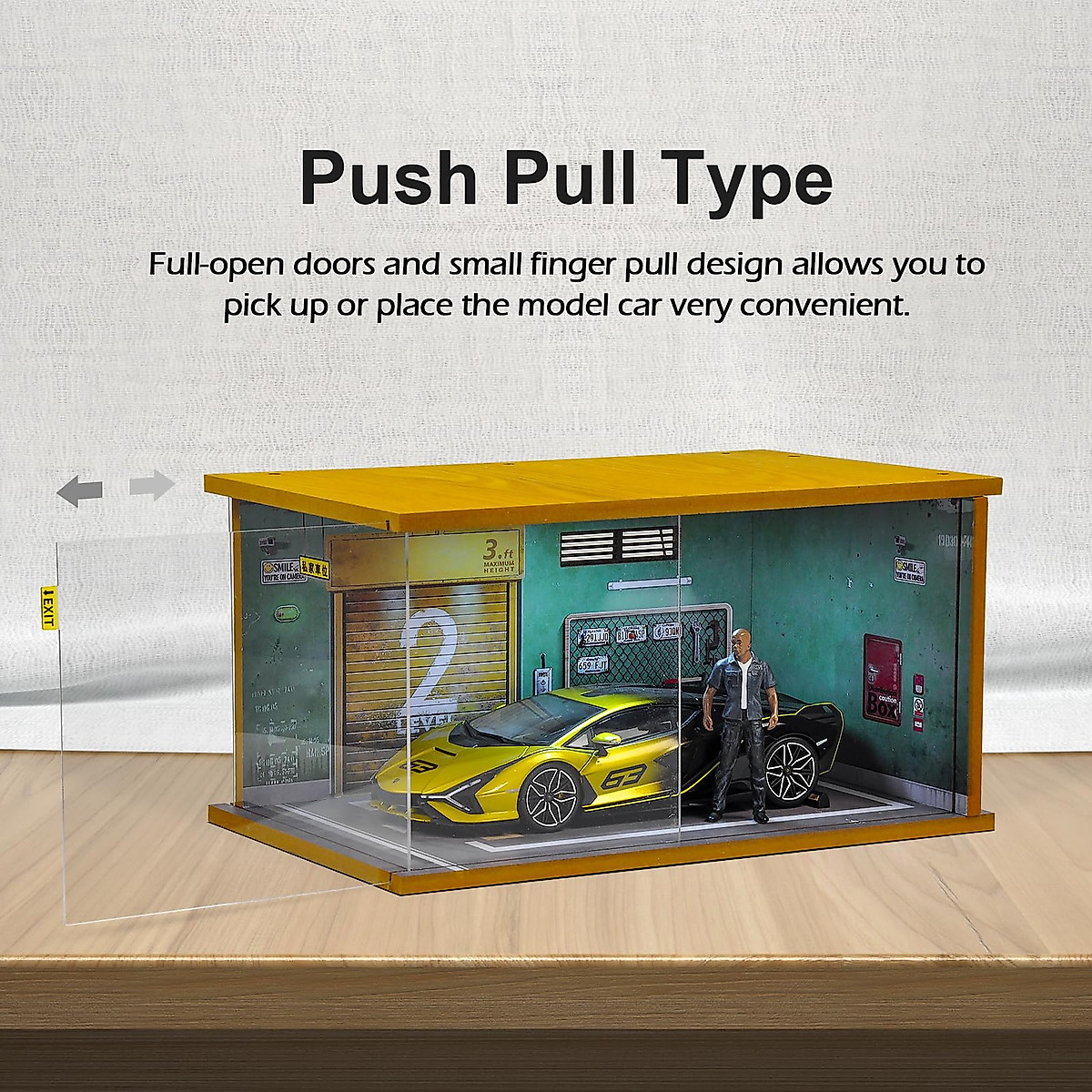 cxiiuui 1/18 Scale Display Case Car Garage Moldel with LED Light and Acrylic Cover Wooden Diecast Car Show Case 1 Parking Spaces Green