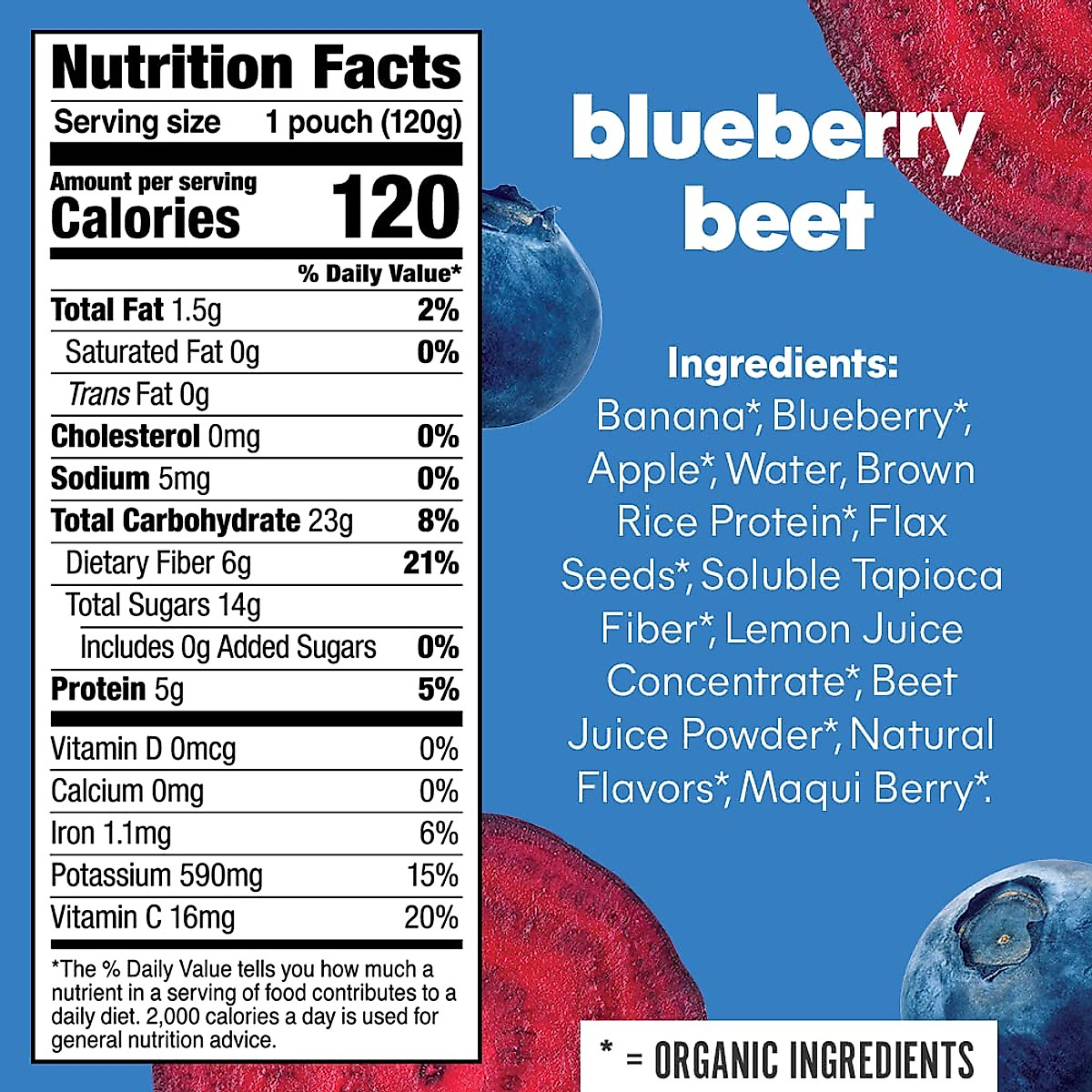 Noka Superfood Fruit Smoothie Pouches, Blueberry Beet, Healthy Snacks with Flax Seed, Plant Protein and Prebiotic Fiber, Vegan and Gluten Free Snacks, Organic Squeeze Pouch, 4.22 oz, 12 Count