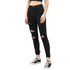 SweatyRocks Women's Hight Waisted Stretch Ripped Skinny Jeans Distressed Denim Pants Black-4 XL