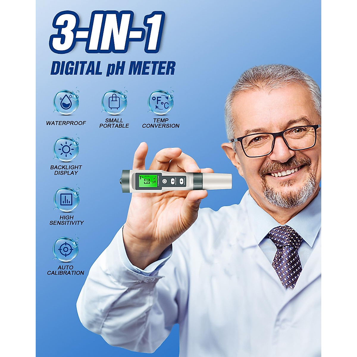 TDS/pH/Temperature 3-in-1 pH Meter for Water, 0-14 pH Measurement Range Digital pH Meter, 0.01 High Precision Water Quality Digital pH Tester with ATC, pH TDS Water Test Meter for Drinking Water