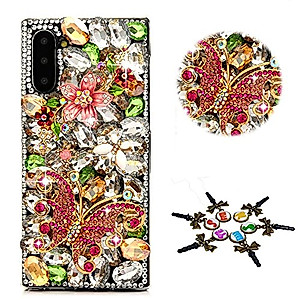 STENES Sparkle Case Compatible with Samsung Galaxy Note 10 Plus - Stylish - 3D Handmade Bling Flowers Butterfly Rhinestone Crystal Diamond Design Cover Case - Green