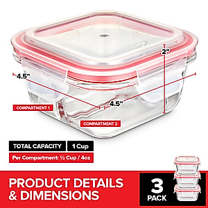 Glass Portion Control Bariatric Containers (3 Pack), 1 Cup Food Containers with Two 4 oz Compartments, 4oz Food Storage Containers for meal prep, Microwave Safe Glass Portion Containers with Lids