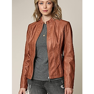 Made By Johnny MBJ WJC877 Womens Panelled Faux Leather Moto Jacket XL Camel