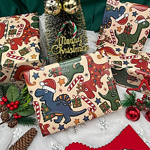 Dtiafu Dinosaur Wrapping Paper For Boys Girls Kids - 8 Sheets Dino Christmas Gift Wrap with Santa Candy Cane Joy for Birthday Wedding Holiday - Cute Cream Wrapping Paper - 20 x 28 Inch Per Sheet…
