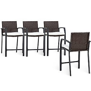 PatioFestival Counter Height Patio Bar Stools Set of 4 Wicker Outdoor Chairs Sets with Cushion Metal Arm Leg Footrests All Weather Frame (Brown)