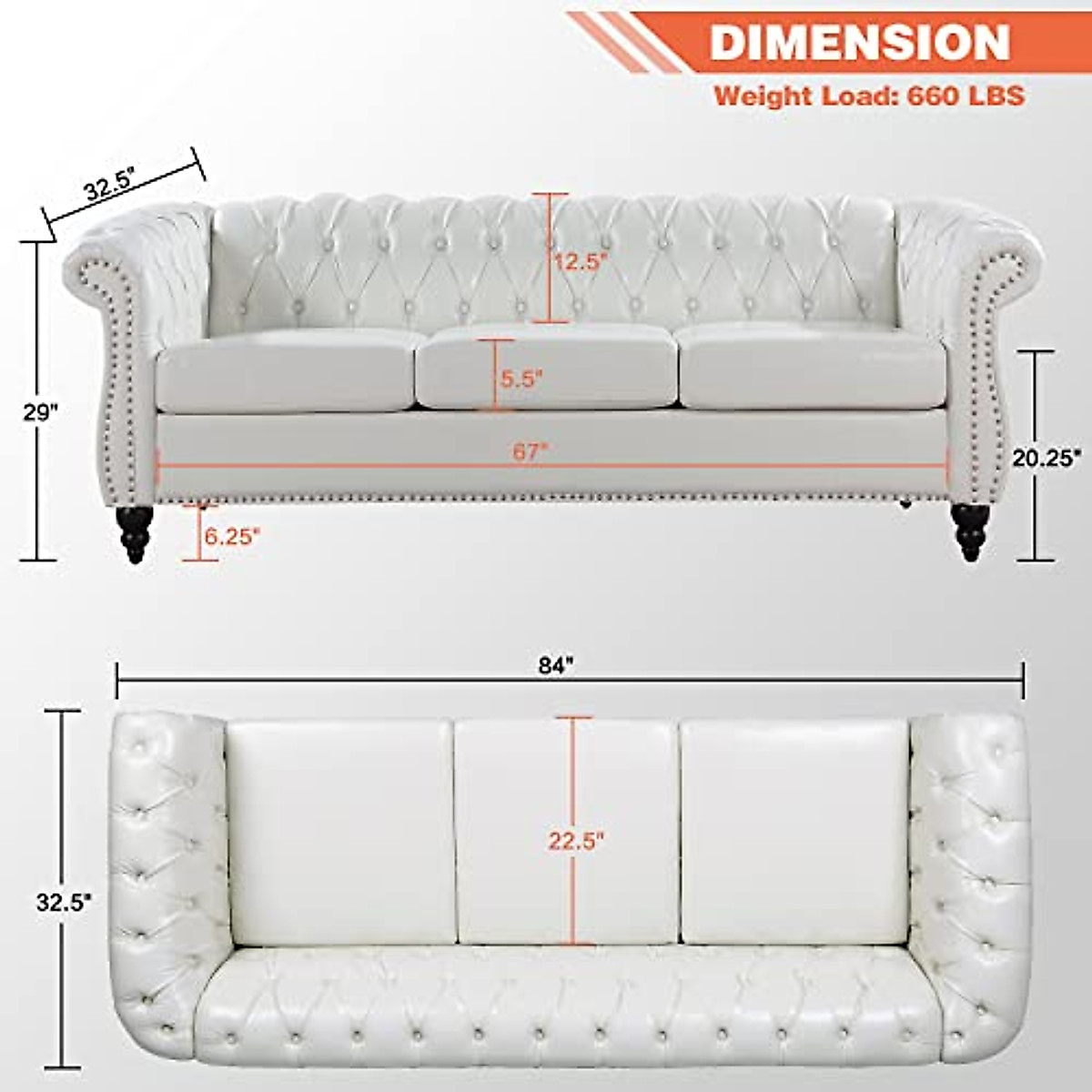 Wlvos 84" Leather Chesterfield Sofas for Living Room, Rolled Arm 3-Seater Large Couch Deep Button Nailhead Tufted Upholstered Couches for Bedroom, Office Apartment Easy to Assemble (Beige)