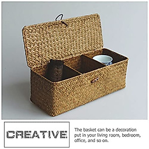 Cabilock 3 Compartment Storage Basket with Lid Hyacinth Baskets for Storage with Lid Rectangular Seagrass Baskets Straw Storage Basket Organizer Bins Wicker Baskets for Organizing