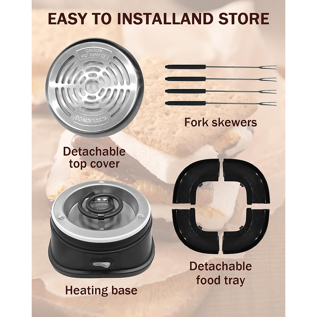 Smores Maker Tabletop Indoor Kit Smores Kit Flameless Electric S'mores Maker Marshmallow Roaster, Movie Night Supplies Housewarming Christmas Gifts 120V