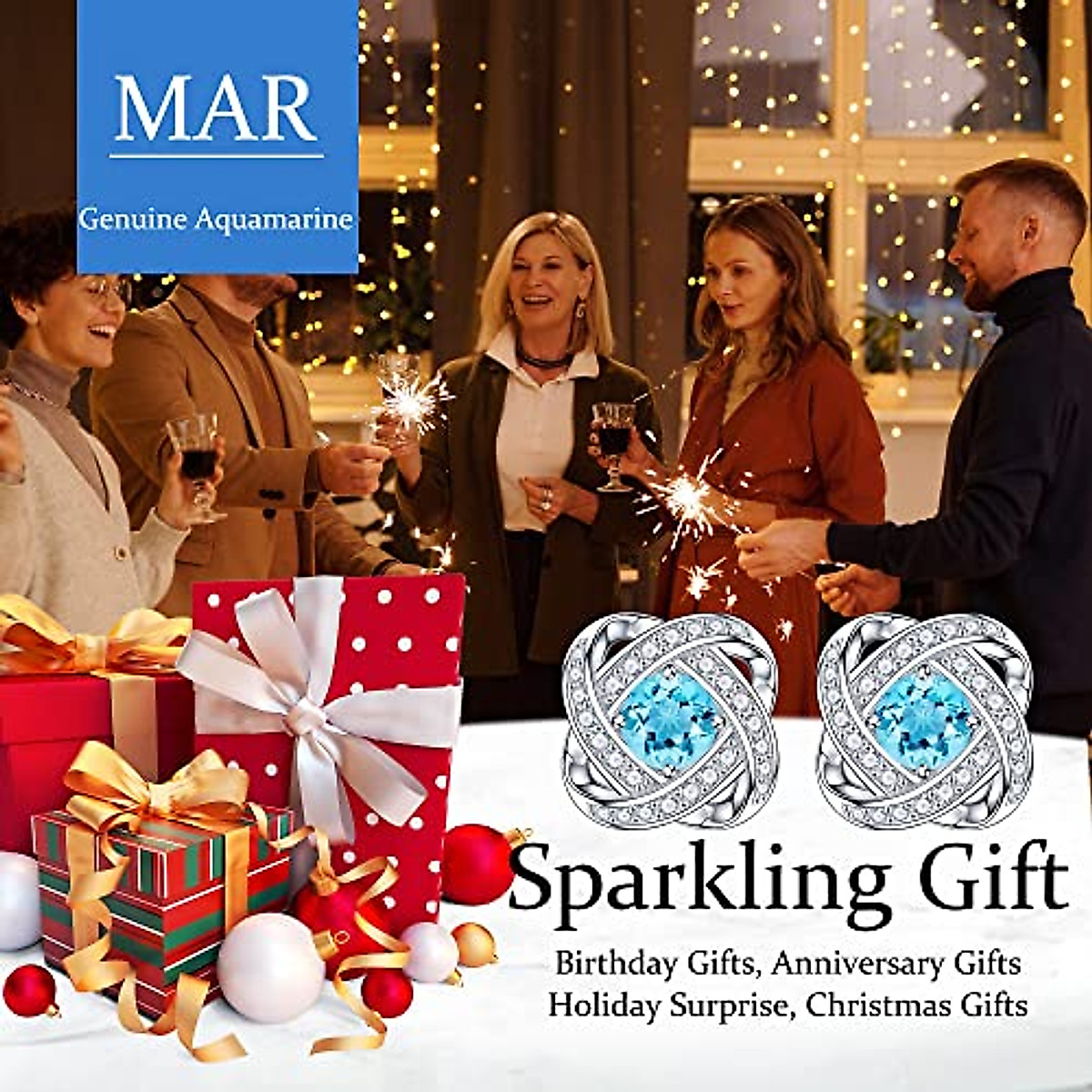 Aquamarine Knot Birthstone Earrings for Women, Sparkle Round Cut Aquamarine March Birthstone Earrings 18K White Gold Plated Sterling Silver Blue Aquamarine Jewelry March Birthday Gifts for Women