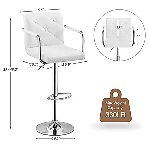 VECELO Bar Stools, Adjustable Bar Stools Set of 4, Counter Height Barstool with Back and Arms, Swivel PU Leather Bar Chairs for Kitchen/Island, White