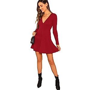 Verdusa Women's Elegant Deep V Neck Ribbed Long Sleeve Short Skater Dress Red S