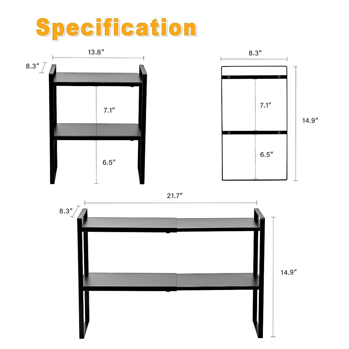 2 Tier Expandable Cabinet Shelf Organizer Over the Sink Storage Rack 2 Tier Adjustable Countertop for Kitchen Bathroom Pantry Spice Cupboard Dish Cup Bottle Pot Metal Plate Heavy Duty Nonslip(Black)