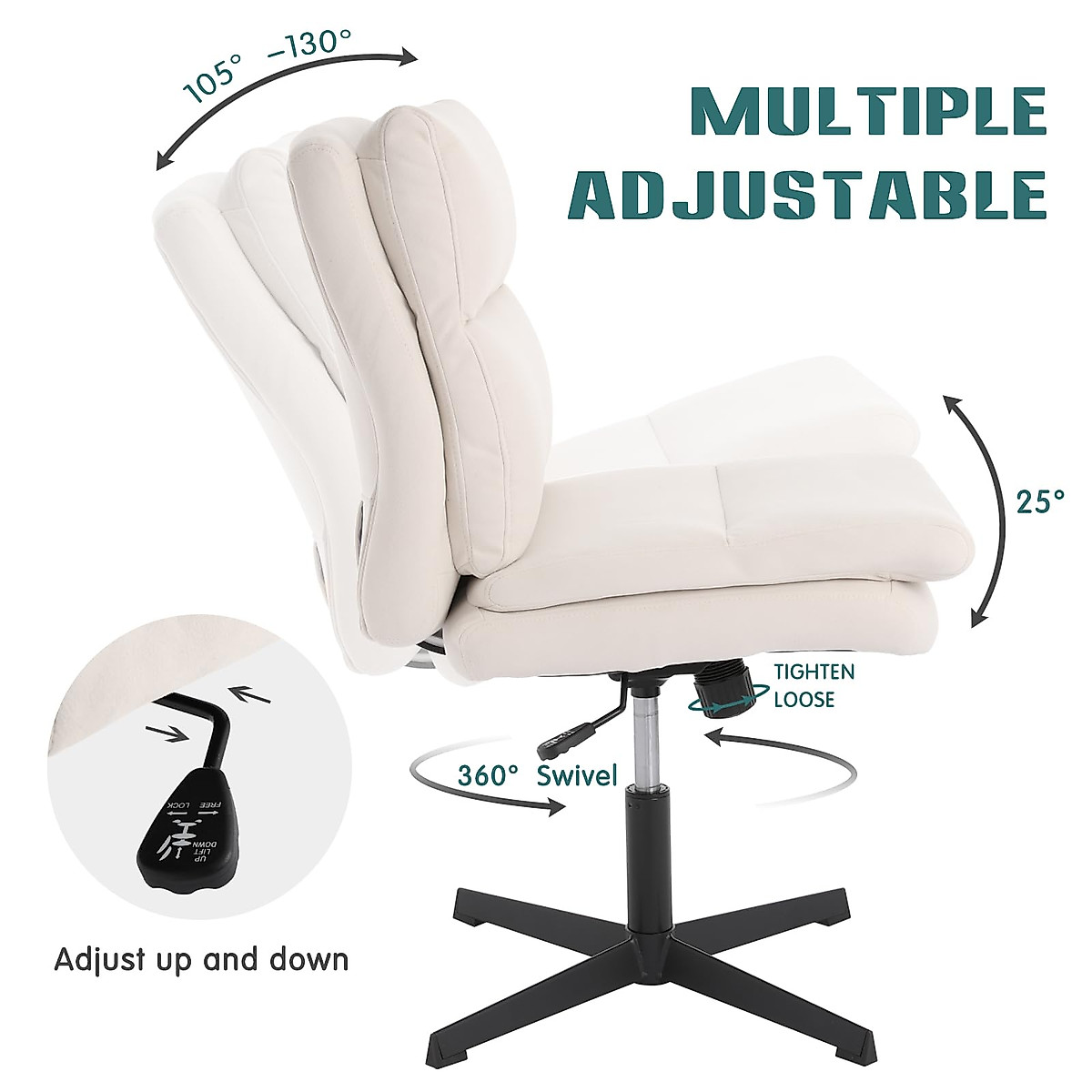 LUCKWIND Armless Home Office Desk Chair No Wheels, Modern Double Padded Ergonomic Vanity Chair, Mid-Back Height Adjustable Cushioned Swivel Task Chairs, Wide Seat (Creamy White)