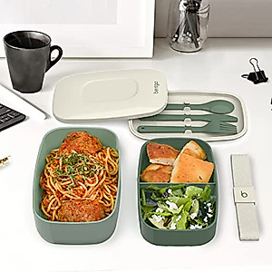 Bentgo Classic - All-in-One Stackable Bento Lunch Box Container - Modern Bento-Style Design Includes 2 Stackable Containers, Built-in Plastic Utensil Set, and Nylon Sealing Strap (Khaki Green)