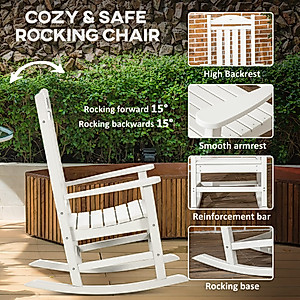 Outsunny 2 Piece Outdoor Rocking Chair Set, HDPE Rocking Patio Chairs with Rustic High Back, Armrests, Oversized Seat and Slatted Backrest, 350lbs Weight Capacity, White
