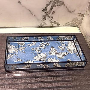 nu steel Decorative Glass Blue Printed Floral Tray, Hand Storage, Towel Rack, Sturdy Holder for Disposable Paper Napkins-Bathroom Vanity Countertop