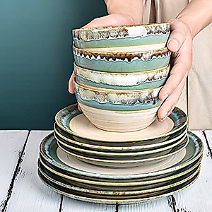 Bosmarlin Stoneware Dinnerware Set, Ceramic Bowls and Plates Set, Service for 4, 12 Piece, Microwave and Dishwasher Safe, Reactive Glaze (Turquoise green)