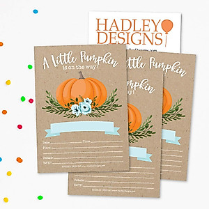 25 Pumpkin Blue Baby Shower Invitations, Sprinkle Invite For Boy, Coed Rustic Gender Reveal Theme, Cute Autumn Kraft Floral DIY Fill or Write In Blank Printable Card, Greenery Rose Party Supplies