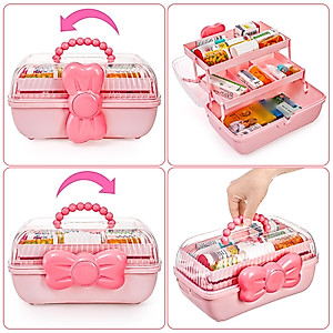 Noamus 11" Three-Layer Multipurpose Storage Box, Clear Plastic Art Craft Organizer, Portable First Aids Case with Handle Trays for Kids, Sewing Makeup Nail Hair Accessories, Home School Office(Pink)