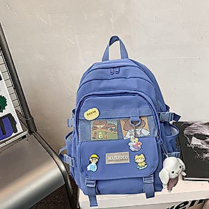 KOVPIFB Kawaii Backpack Aesthetic School Bags for Teen Girls Bookbag with Cute Plush Pendants Large Capacity Laptop Bag Blue